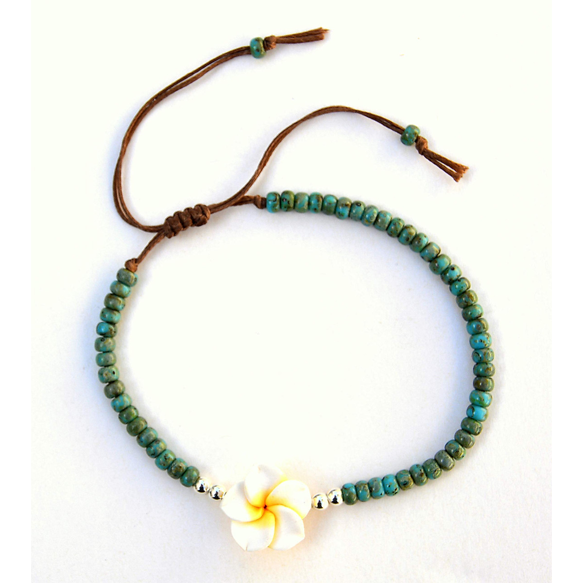 Boho Beaded Anklet for Women and Teen Girls, Unique Bohemian Turquoise and Sterling Silver Beaded Anklet with Hawaii Hawaiian Plumeria Flower, Handmade by Tribes