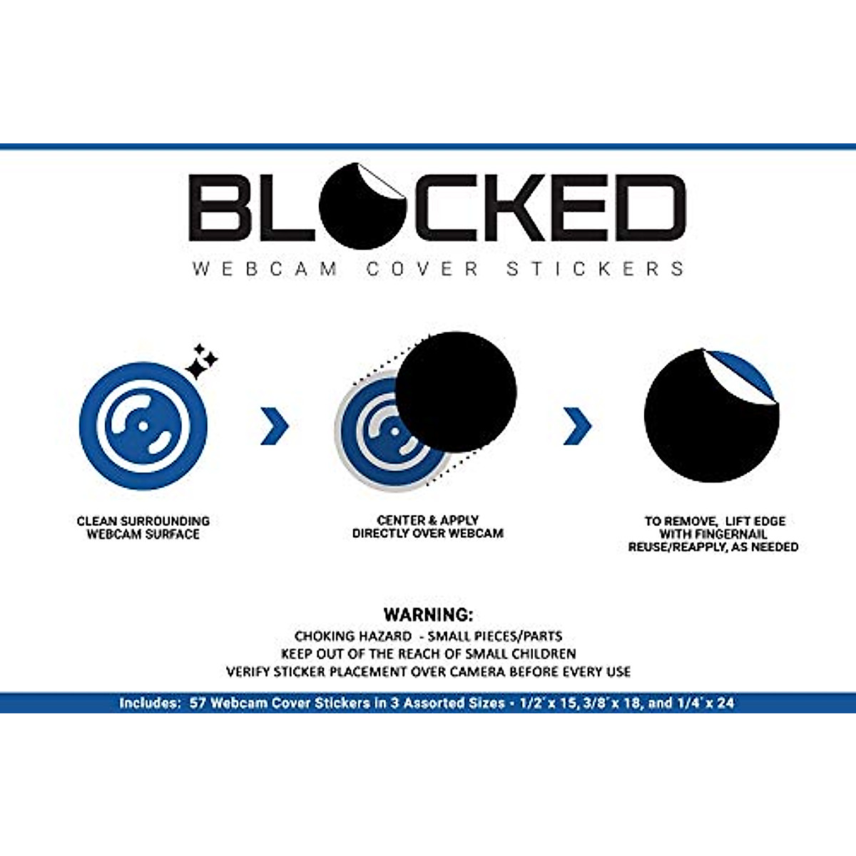 BLOCKED Webcam/Camera Vinyl Covers | Low-Tack Restickable Webcam Sticker | Multiple Sizes | Black 57-Pack Tabbed (Muted Matte)