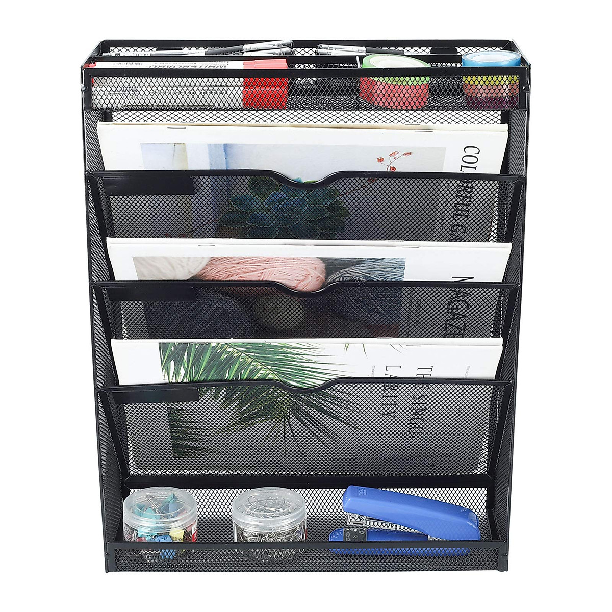 EasyPAG Desk File Organizer Mesh 5-Tier Hanging Wall Mount File Holder Desktop Vertical Mail Paper Folder Holder Stand Rack with Bottom Tray and Accessories Organizer for Office Home,Black