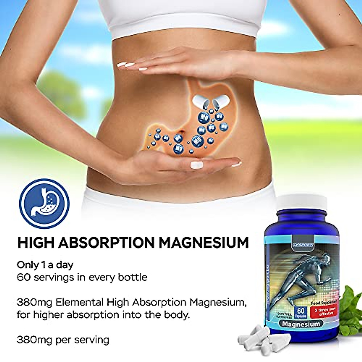 High Absorption Magnesium for Leg Cramps,tensed Muscles, Supports Muscles Function with Vitamins B6, D, E, 380mg Magnesium, 60 Servings