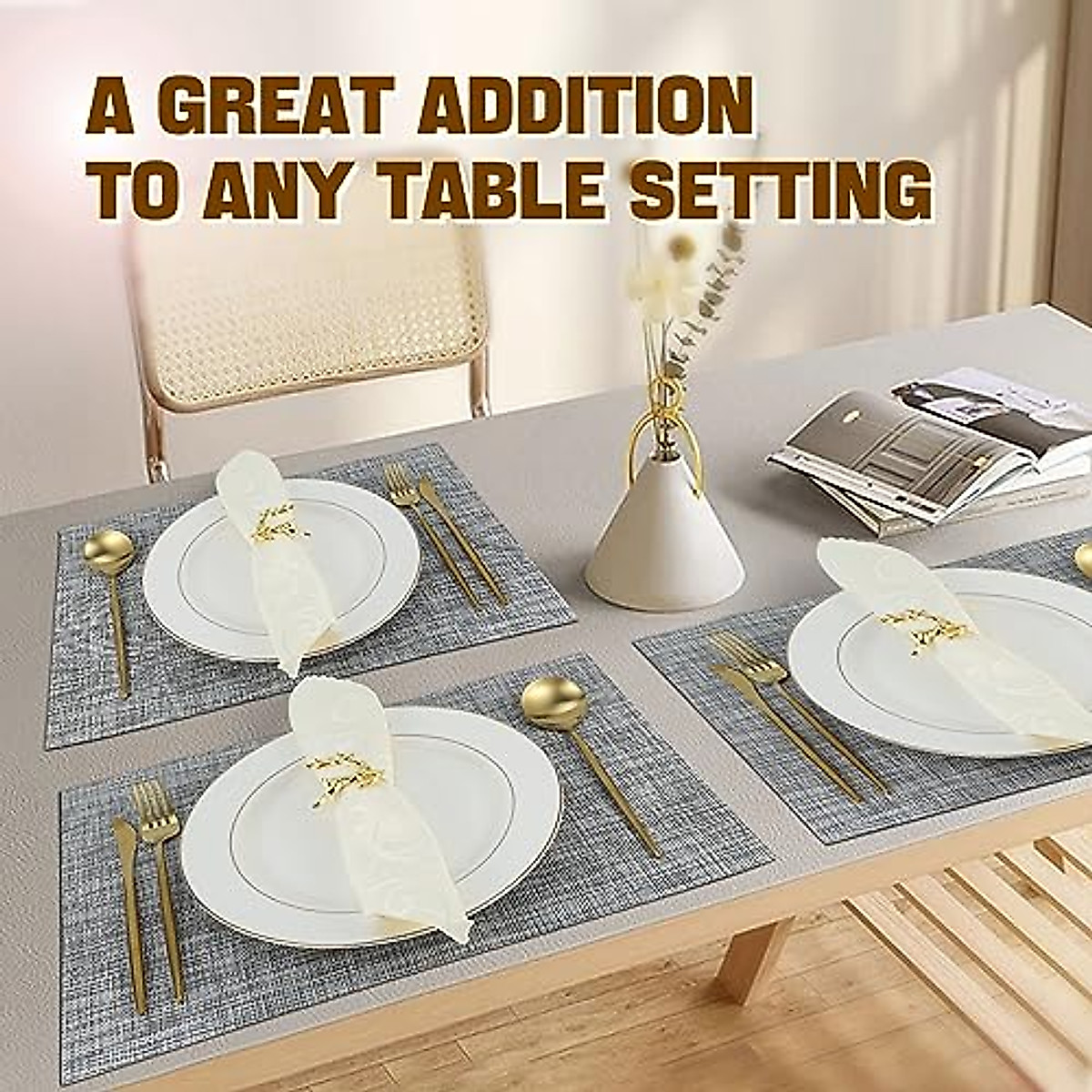 Placemats Set of 7 Dining Table Place Mats Gray - PVC Modern Table Mat Placemats No Slip, Placemat for Kitchen Dinner Coffee Outdoor