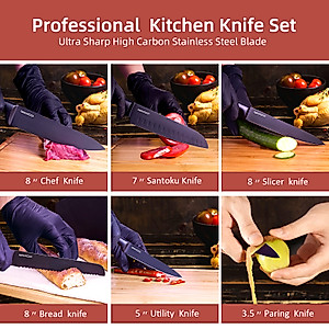 RAXCO Knife Set with Block, Kitchen Knife Set-6 Kitchen Knives,6 Steak Knives,Dishwasher Safe knife set Black(17-1)