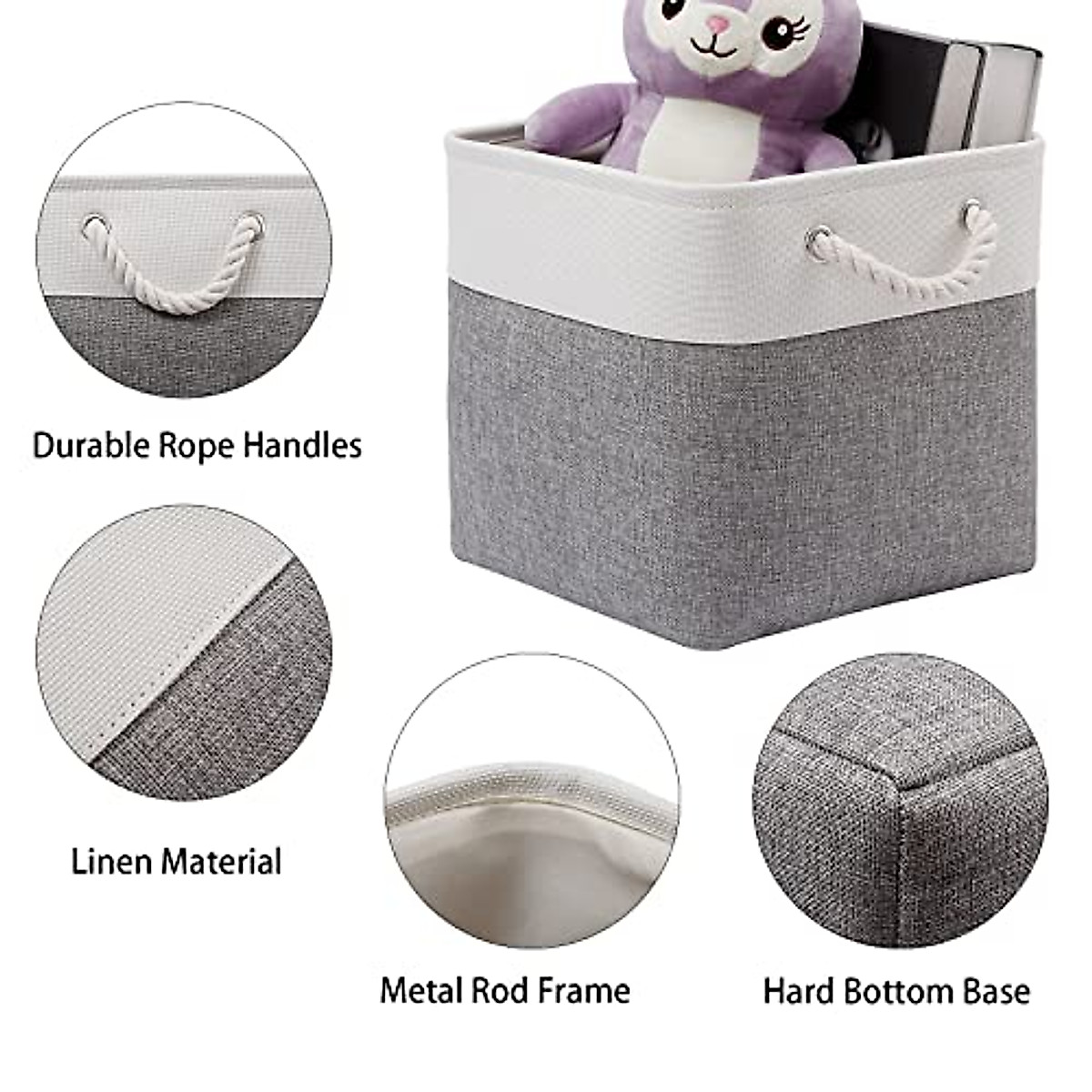 Cube Storage Bins, Collapsible Fabric Cube Storage Bin, 11 Inch Cube Storage Bins with Handles, Foldable Storage Cubes (White/ Gray, 6Pack)