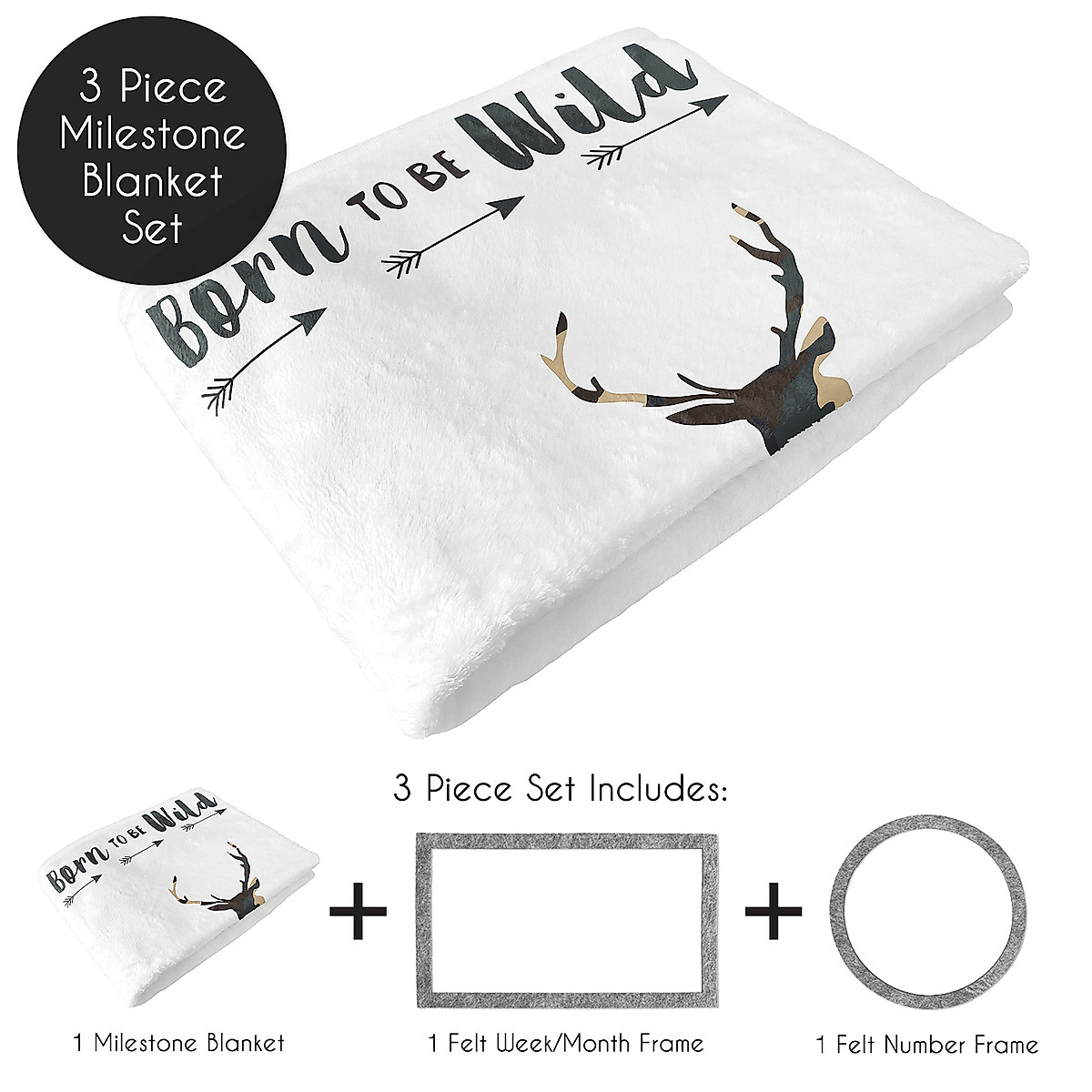 Sweet Jojo Designs Woodland Camo Deer Boy Milestone Blanket Monthly Newborn First Year Growth Mat Baby Shower Memory Keepsake Gift Picture - Beige Green Black Rustic Forest Animal Camoflauge Arrows