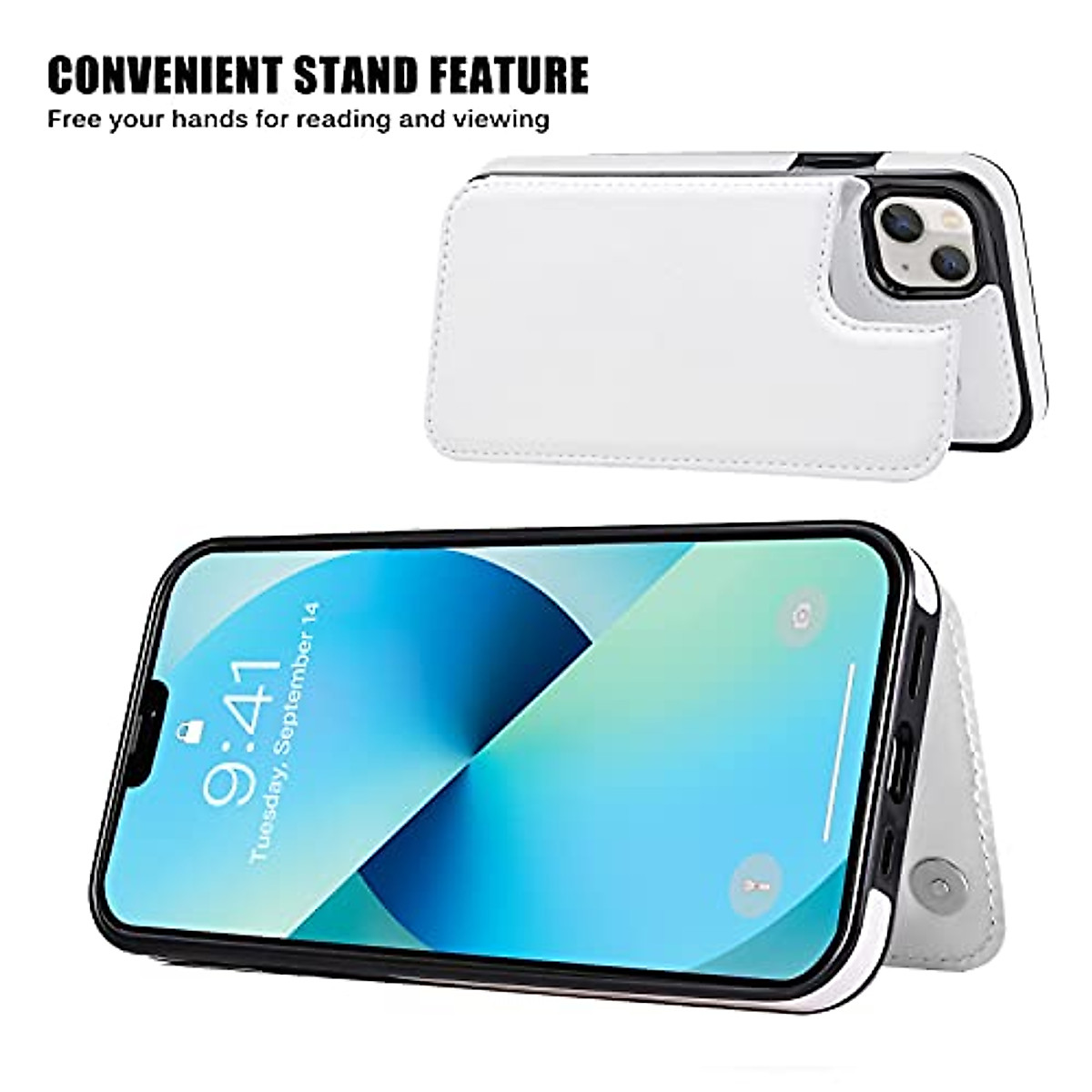 JOYAKI Wallet Case Compatible with iPhone 13,Slim Protective case with Card Holder,PU Leather Kickstand Card Slots Case with a Free Screen Protective Glass for iPhone 13(6.1")-White