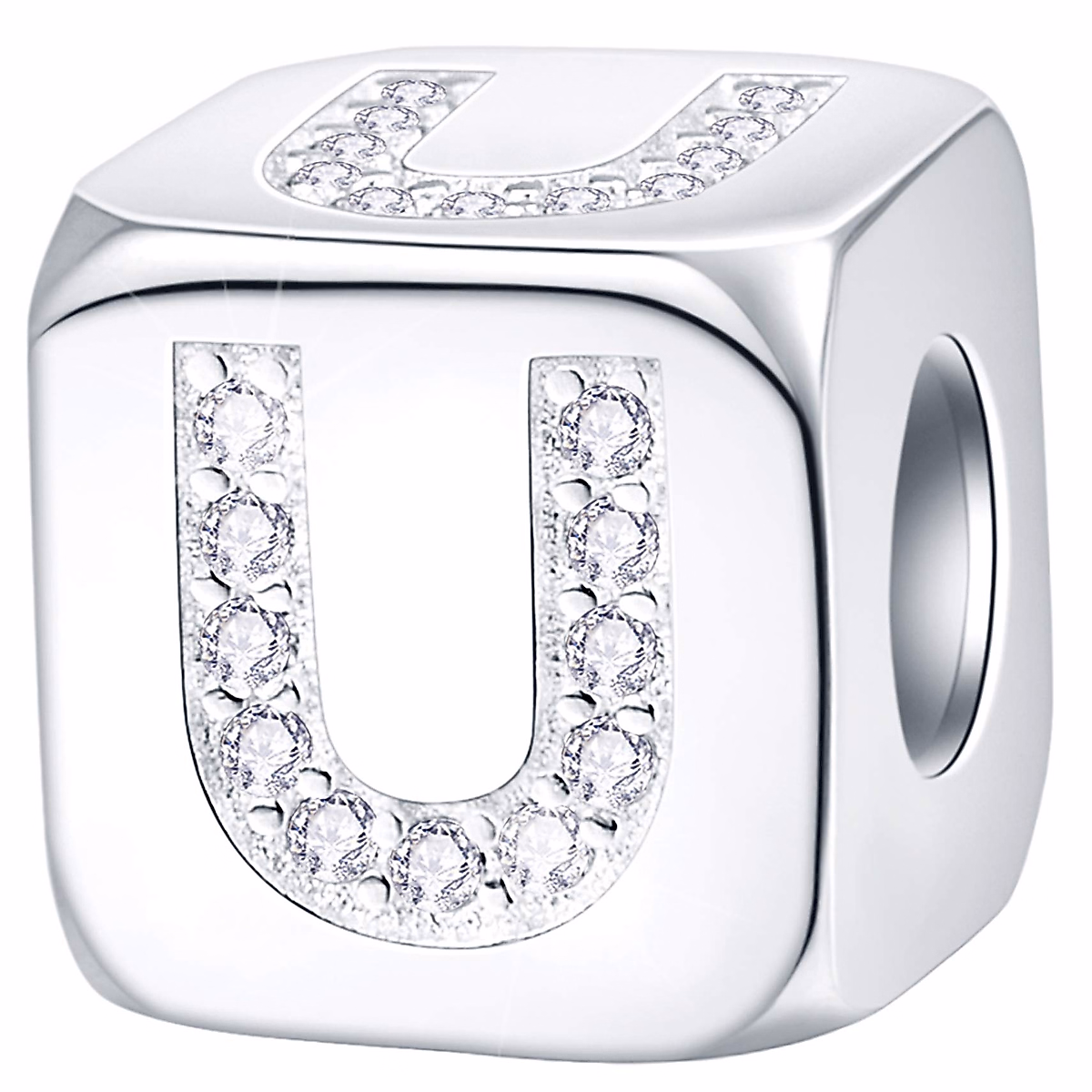 Letter U Dice-Shaped Charm Initial A-Z Alphabet Beads, 925 Sterling Silver Square Cube Charms with CZ fits Pandora Style Bracelet, Gifts for Mothers Day/Uncle/Valentines