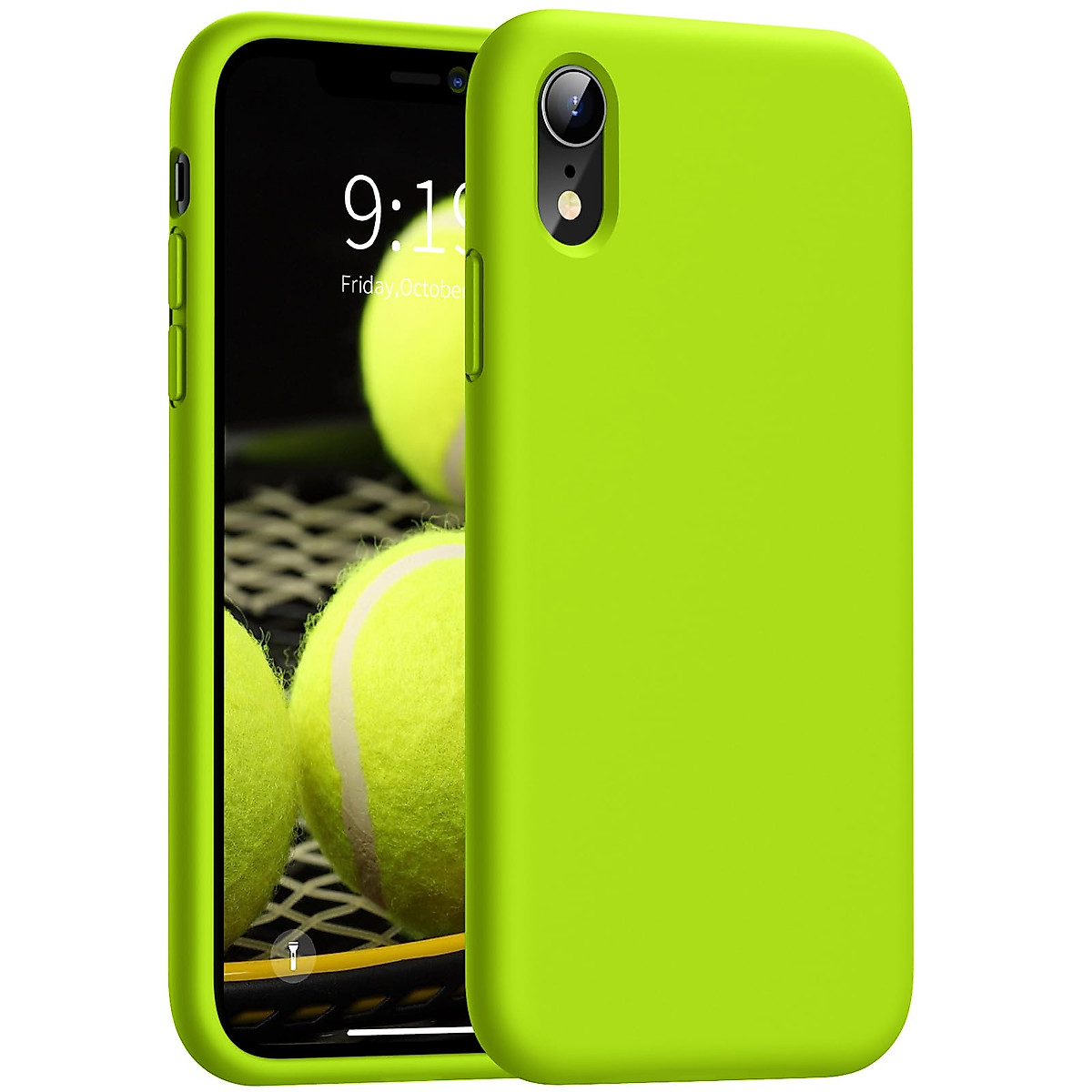 OuXul iPhone XR Case, Full Covered Shockproof Phone Case Flexible Liquid Silicone Gel Rubber Cover, Slim Fit Protective 6.1 inch with Soft Anti-Scratch Microfiber Lining(Fluorescent Yellow)