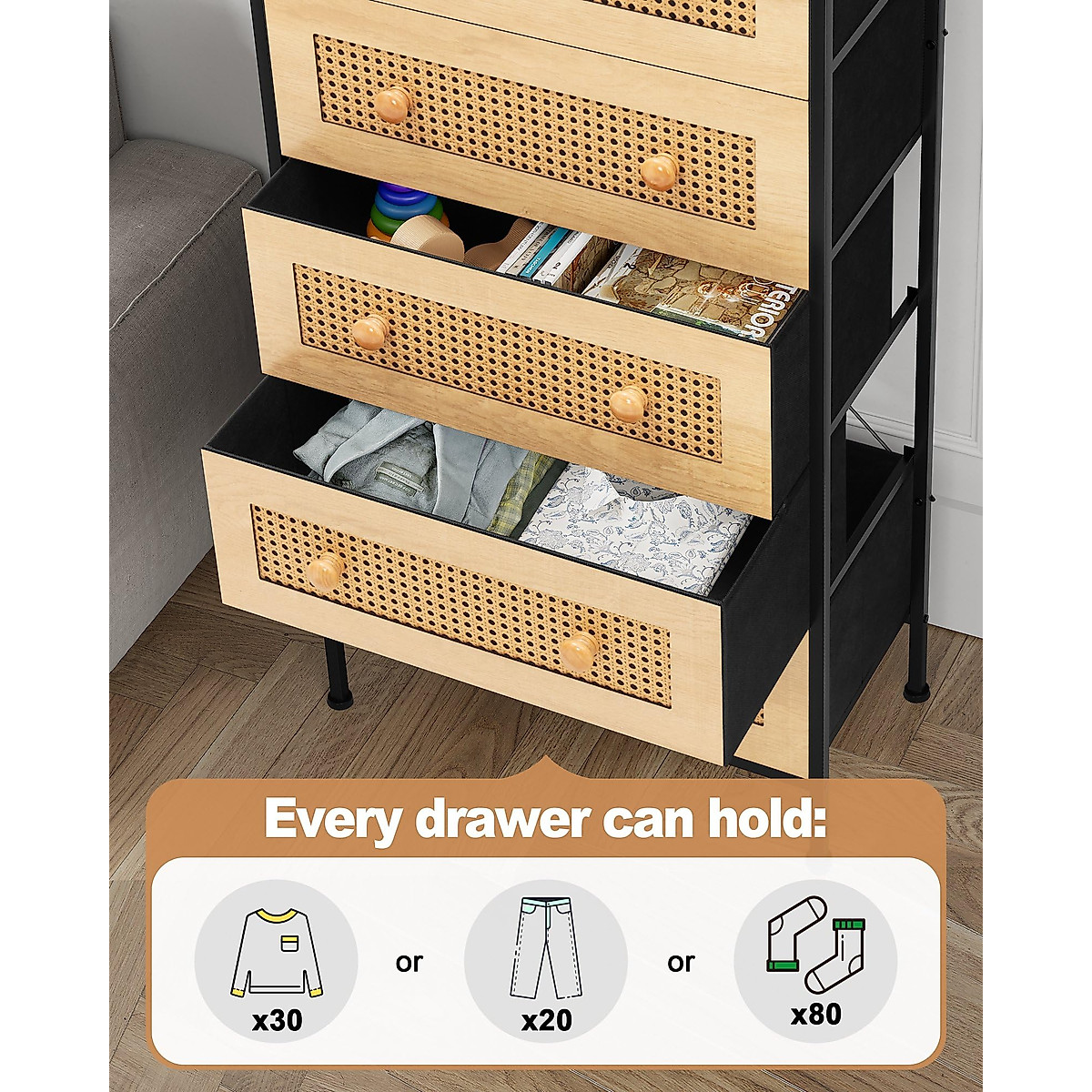 Crestlive Products Rattan Dresser Storage Tower, Tall Fabric Dresser, Chests of Drawers, Wood Top &Wood Handles - Organizer Unit for Bedroom, Hallway, Entryway, Closets - 5 Drawers (Natural)