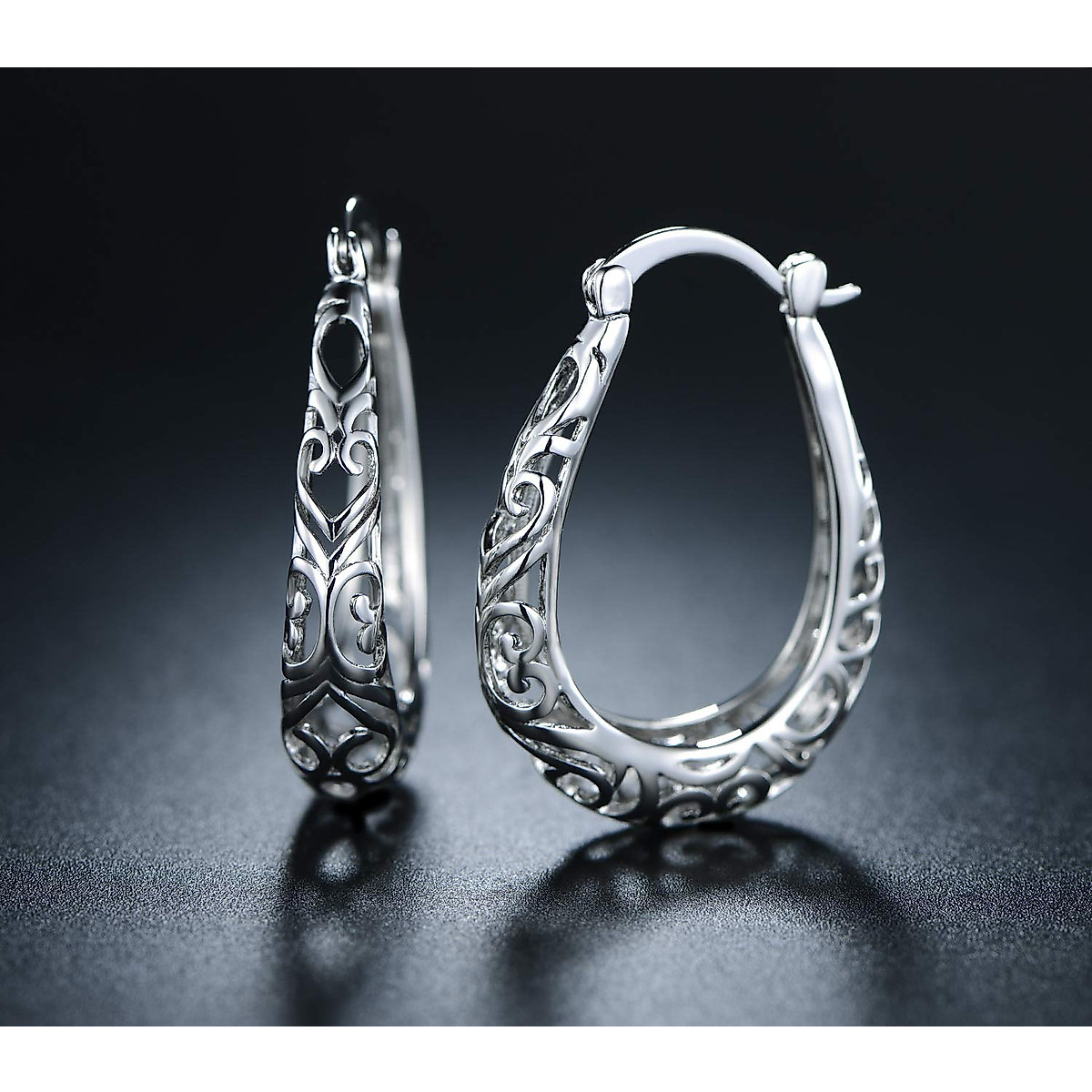 Barzel 18K White Gold Plated Filigree Hoop Earrings (White Gold)