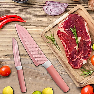 FTNESGYM Kitchen Knife Set, 7-Pieces Pink Non-stick Fish Scales Blade Cooking Knife Set, Sharp Stainless Steel Chef Knives with Cutting Board for Women Girls (Pink)