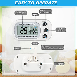 6 Pieces Refrigerator Thermometer Digital Freezer Room Thermometer Waterproof Fridge Thermometer Freezer Monitor with Magnetic Back, Max/Min Record Function with Large LCD Display, White, Black