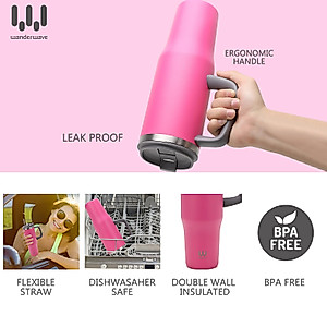 40 oz Insulated Tumbler with Handle, Stainless Steel Straw and silicone sleeves, Leakproof Travel Mug for Water, Iced Tea or Coffee, Insulated Cup Gifts for Women & Men, Strawberry Red