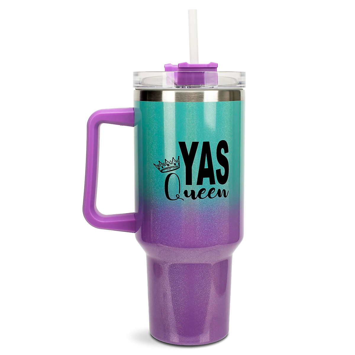 Elanze Designs Yas Queen Royal Crown Girl Power 40 oz. Stainless Steel, Large Water Bottle Coffee Mug, Spill & Leak Resistant, Thermal Travel Tumbler with Handle, Lid & Straw, Teal/Purple