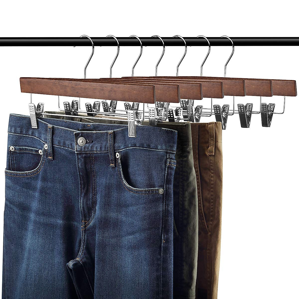 AMKUFO 20pcs Wooden Pants Hangers Solid Pants Hangers with Adjustable Clips 14 Inch Walnut Wood Skirt Hangers Trousers Bottom Hangers with Non-Slip Clips and 360° Swivel Hook