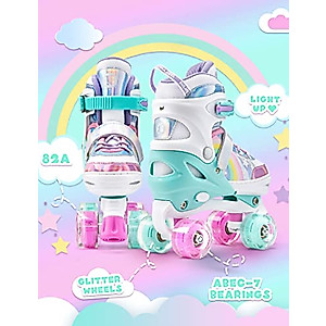 SULIFEEL Rainbow Unicorn 4 Size Adjustable Light up Roller Skates for Girls Boys for Kids Medium