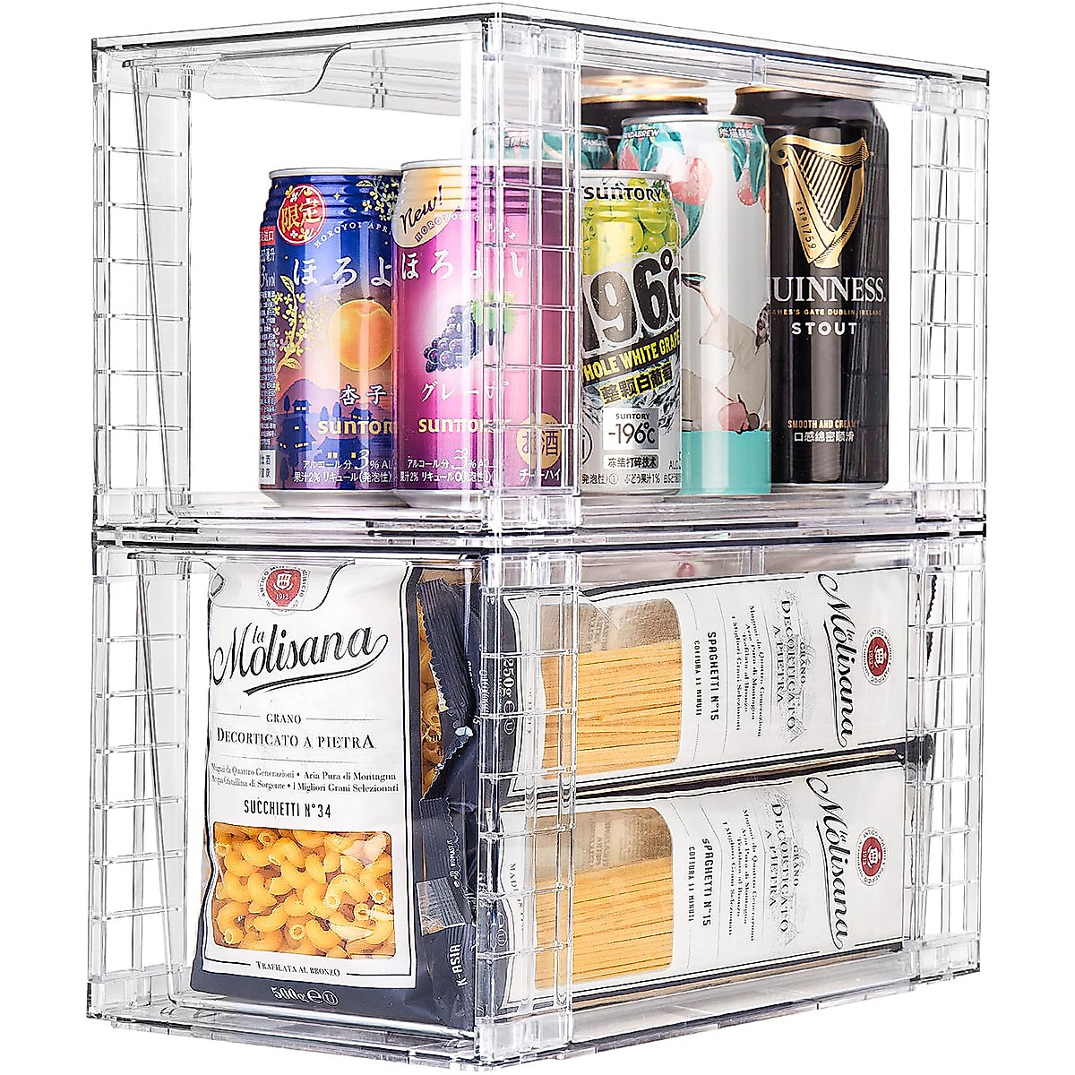 4Pack Large Stackable Kitchen Storage Drawers, Clear Foods Organizer Bins with Handles, Easily Assemble for Bathroom, Kitchen, Pantry, Cabinet, Closet(XL-UP Handle)