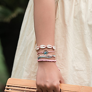 FANCY SHINY Wave String Bracelets Braid Puka Shell Bead Bracelets Handmade Cute Trendy Boho Jewelry Gifts for Women(Pink)