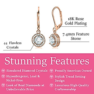 Cate & Chloe Juliana 18k Rose Gold Plated Halo Dangle Earrings | Women's Gold Drop Dangle Earrings with Solitaire Round Cut Cubic Zirconia Crystals, CZ Halo Earring Set for Women, Gift for Her