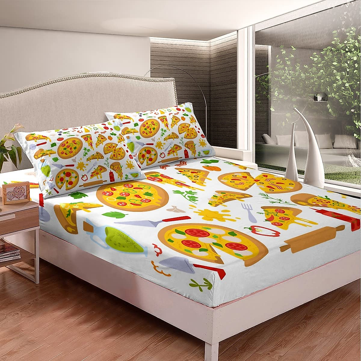 Pizza Bed Sheets Set Full Size Sausage Pizza Sheet Set for Kids Boys Girls Decor Food Themed Sheets with Deep Pocket Fitted Sheet Microfiber Fast Food Bedding Set Bedroom Delicious Gourmet Bed Set