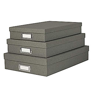 PAPERAGE Document Storage Boxes with Lids Set of 3 Sizes - textured grey matte paper with label plate - for organizing, crafts, home décor, office, closet