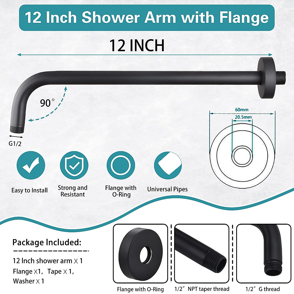 12 Inch Shower Arm with Flange,Stainless Steel 90 Degree Rain Shower Head Extension Arm,Wall-Mounted Shower Head Arm for Fixed Shower Head,Matte Black