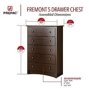 Prepac Fremont Superior 5-Drawer Chest for Bedroom - Spacious and Stylish Chest of Drawers, Measuring 17.75"D x 31.5"W x 44.75"H, In Espresso Finish
