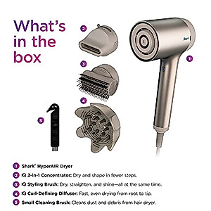 Shark HD120BRN Blow Dryer HyperAIR Fast-Drying with IQ 2-in-1 Concentrator, Styling Brush, and Curl-Defining Deep Diffuser Attachments, Ionic, No Heat Damage, for All Hair Types, Stone