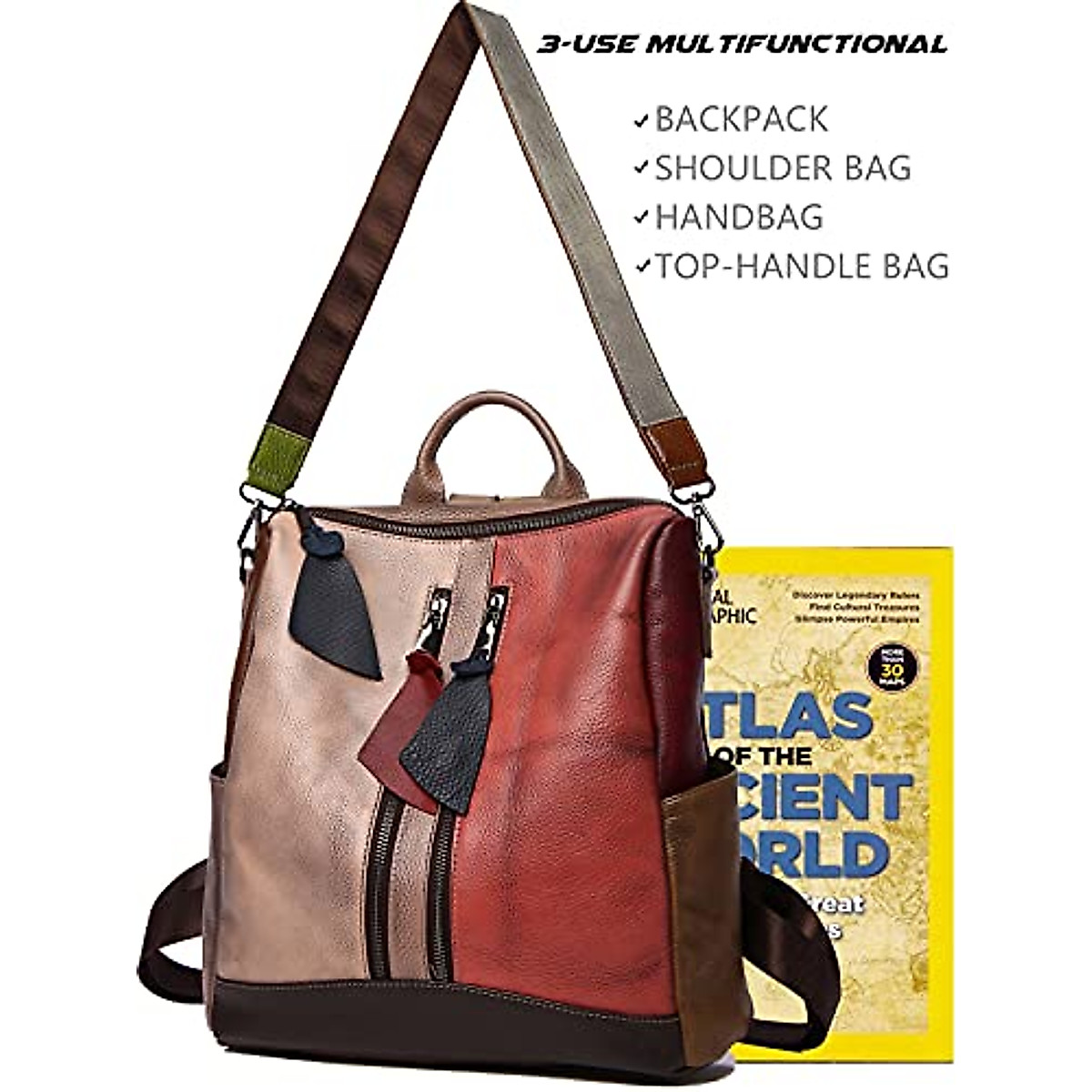 Segater Multicoloured Backpack Fashion Genuine Leather 2 Ways Convertible Shoulder Bag Vintage Patchwork Handbag Travel Satchel Rucksack