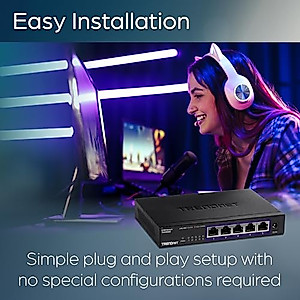 TRENDnet 5-Port Unmanaged 2.5G Gaming Switch, 5 x 2.5GBASE-T Ports, 25Gbps Switching Capacity, Backwards Compatible with 1000Mbps Devices, Fanless, Wall Mountable, Lifetime Protection, Black,TEG-S350