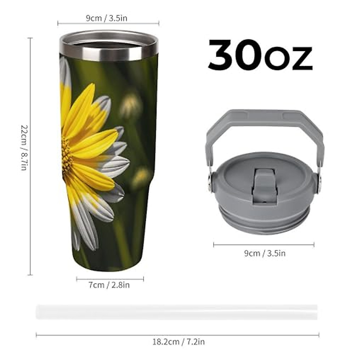 WITHSBKK 30oz Car Cup Yellow Gray Flower Printed with Portable, Stainless Steel Travel Mug, Vacuum Insulated Tumbler And Straw, Leakproof for Car & Outdoor, UV Printed Design