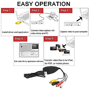 VHS To Digital DVD Converter, USB2.0 Audio/video Capture Grabber Adapter Device,Transfer VCR TV Hi8 Game S video to DVD,Support Windows 10/8.1/8/7/Vista/XP