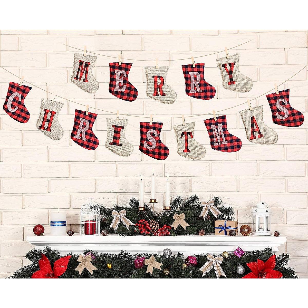 Merry Christmas Banner, Rustic Christmas Tree Ornaments Stocking Decorations, Unique Hand-Sewn Burlap Socks Shaped Christmas Tree Decorations, Stockings for Home Office Party Fireplace Decoration