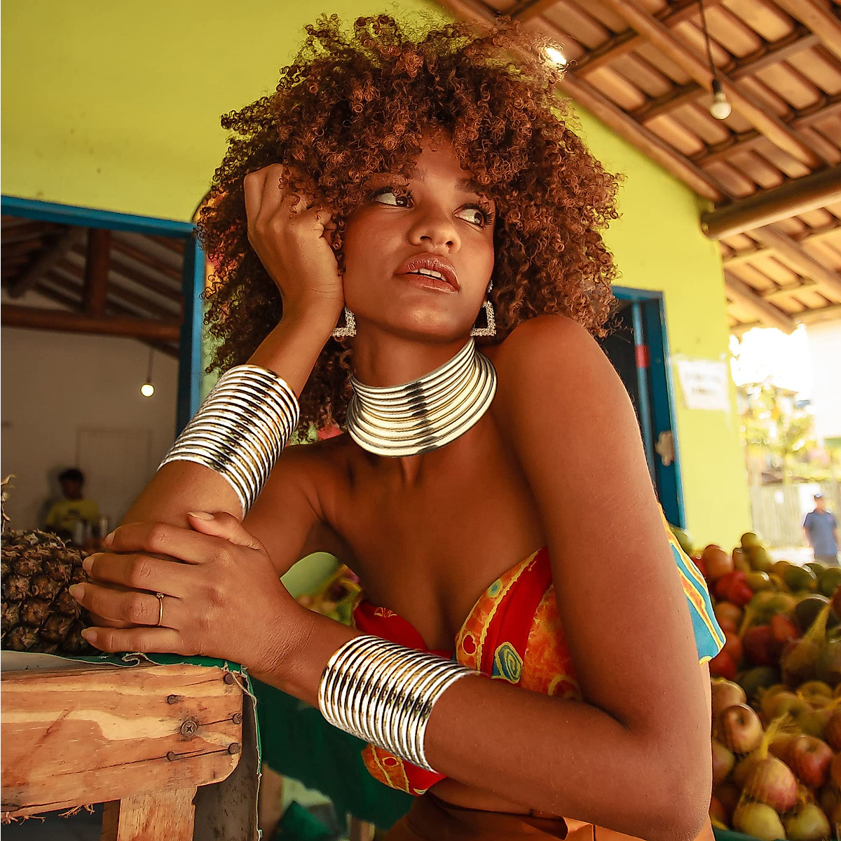 sailimue 4pcs African National Jewelry for Women African Egyptian Choker Collars Gold Chunky Statement Leather Necklace Bangle Bracelet Earring Jewelry Set, MQI-SAIS-SS29-Africa