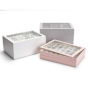 Vlando Jewelry Tray - Faux Leather Glass-top Jewelry Storage Organizer - Earring Necklace Bracelet Ring Display Desktop Drawer Chest, 4-Layer w/Clear Lid, Grey