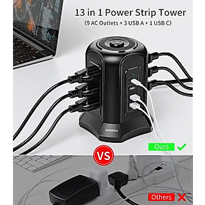 Power Strip Surge Protector Tower- 9 AC Multiple Outlets with 4 USB Ports (1 USB C),10 Ft Long Heavy Duty Extension Cord,Flat Plug Charging Station with Overload Protection for Home Office Dorm Desk
