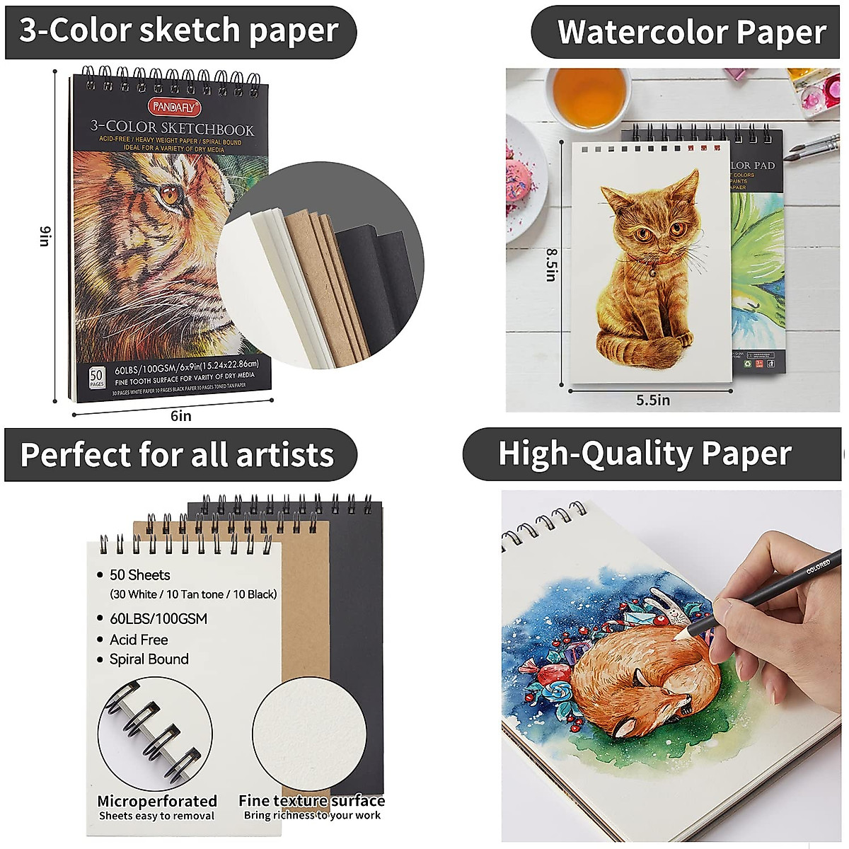 PANDAFLY 80 Pack Drawing Set Sketching Kit, Pro Art Supplies with 3-Color Sketchbook, Watercolor Pad, Colored, Graphite, Charcoal, Metallic Pencil, for Artist Adults Kids Beginner