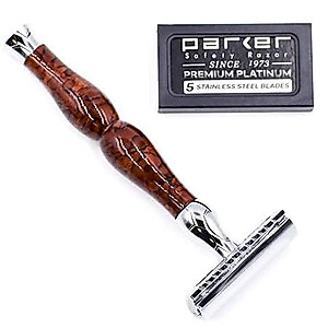Parker, 45R Heavyweight Double Edge Safety Razor – 3 Piece Design with 4 Inch Handle - Solid Brass Frame for Durability –5 Parker Double Edge Razor Blades included