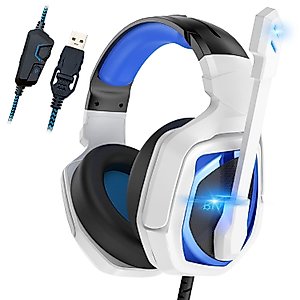 Anivia MH901 USB Gaming Headset for PC/MAC/PS4/PS5, 7.1 Surround Sound Wired Headphone with Adjustable Active Noise Cancelling Mic, White & Blue LED Light