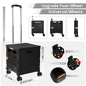 Rolling Crate Utility Cart Collapsible Tote Basket Teacher Cart with Lid Wear-Resistant Noiseless 360°Rotate Wheel Telescoping Handle for Trave Moving Luggage Use(Black,110lbs)