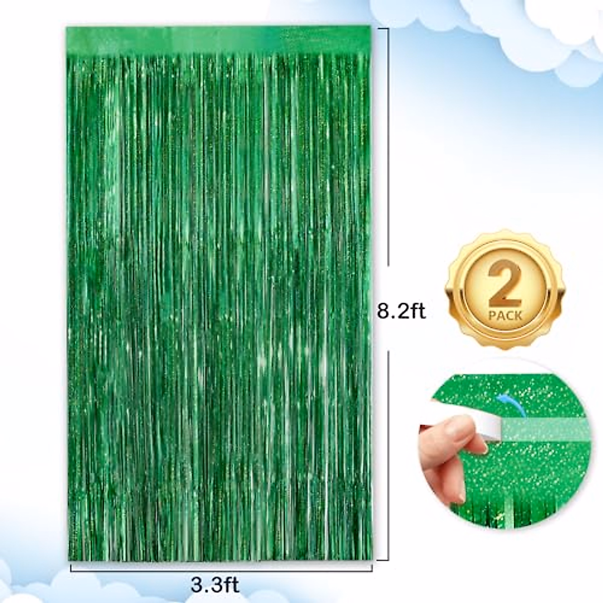 Green Party Streamers 2Pack Foil Fringe Curtains 3.3 x 8.3ft Door Streamers Metallic Tinsel Curtain New Year Party Decors Glitter Streamers Decors Photo Booth Tinsel Streamers Birthday Party Decors