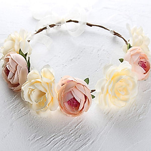 Flower Headband Rose Floral Boho Wreath Garland Hair Hoop Bohemian Headdress Headwear Headpiece Women Girls Crown Leaf Hair Bands Party Decoration Cosplay Costume Handmade Hair Accessories Champagne