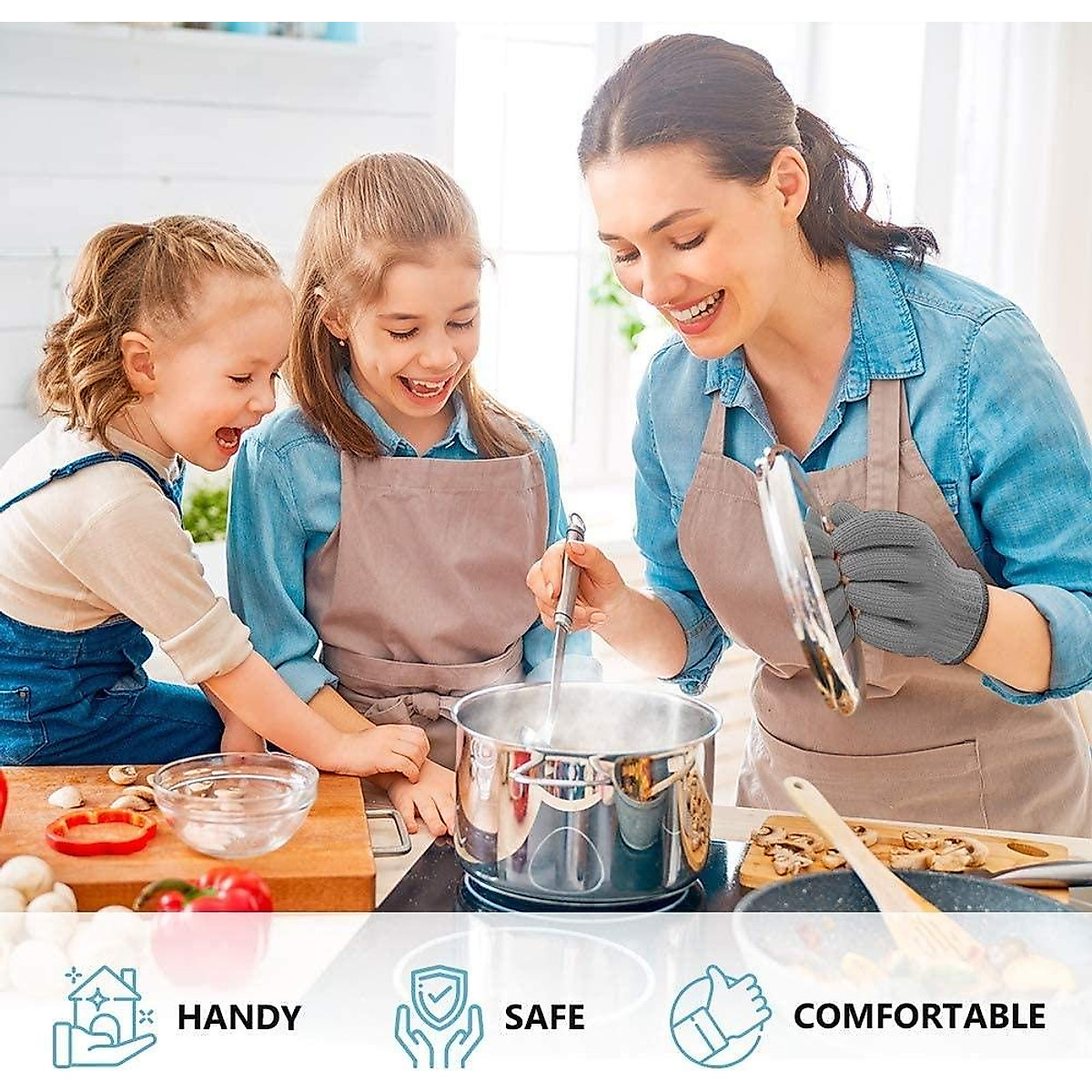 1 Pair Grey Heat Resistant Gloves Oven Gloves Heat Resistant with Fingers Oven Mitts Kitchen Pot Holders Cotton Gloves Kitchen Gloves Double Oven Mitt Set Oven Gloves with Fingers