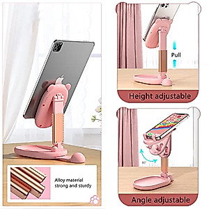 SOARCHICK Cute Bear Foldable Phone Stand for Desk Portable Cell Phone Holder with Makeup Beauty Mirror Adjustable Height Angle Kawaii Office Supplies Pink Desk Accessories for Women Girls Gifts