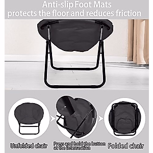 Grezone Folding Saucer Chair, Oversized Lazy Moon Chair with Metal Frame, Comfy Bedroom Chairs for Bedroom, Living Room, Study Black JC