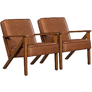 Yaheetech Accent Chair, Armchair with Strong Wood Frame, PU Leather Modern Retro Lounge Chair for Living Room/Lounge/Office/Reception Area, 2 Pieces, Light Brown