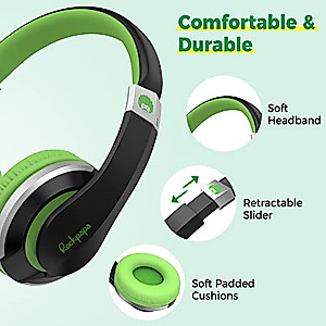 rockpapa I20 Foldable Kids Headphones with Microphone for School, Wired On-Ear Boys Girls Childrens Students Headphones Plug in for Tavel Laptop Computer PC Tablet CD DVD TV Black Green