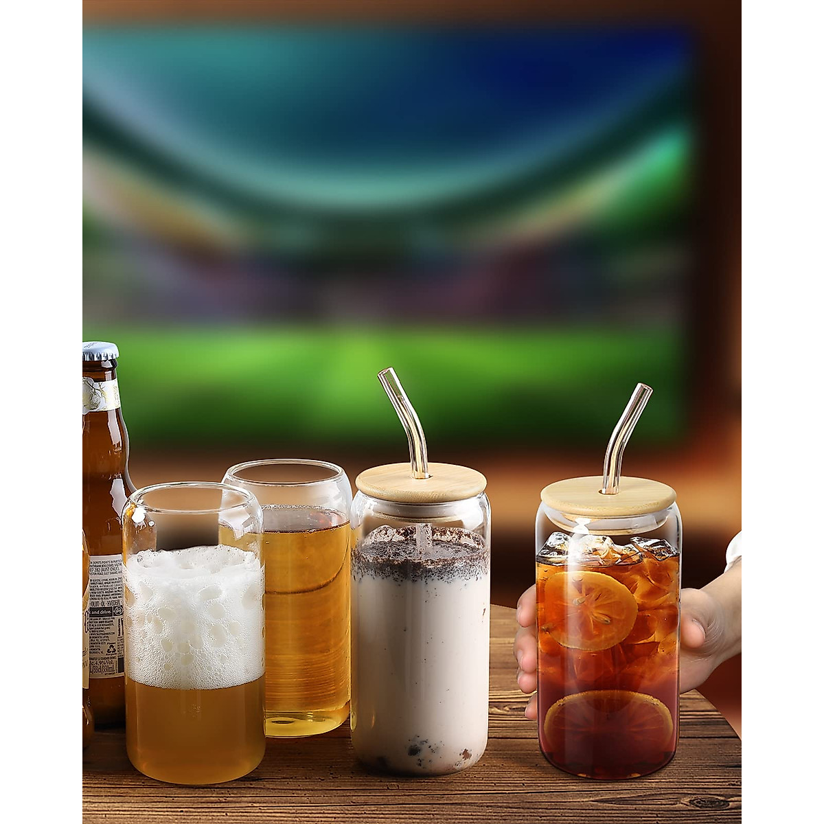 6 Pack Bamboo Lids for Glass Cups, Fit for 16oz 20oz Beer Can Glass and Regular Mouth Mason Jars, Natural Bamboo Lids with Straw Hole