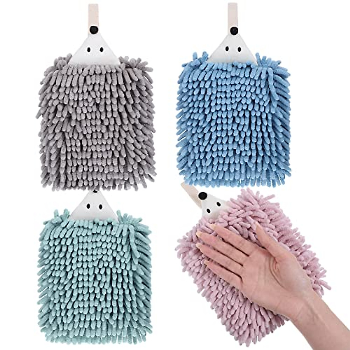 Kinlop 4 Pcs Chenille Hand Towels with Loop Cute Hedgehog Microfiber Hand Towels Absorbent Small Hanging Chenille Hand Towel for Drying Hand Bath Kitchen Washstand Powder Room, 4 Colors