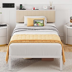 Elephance Twin Size Bed Frames with Charging Station and Storage Headboard, No Box Spring Needed, Easy Assembly
