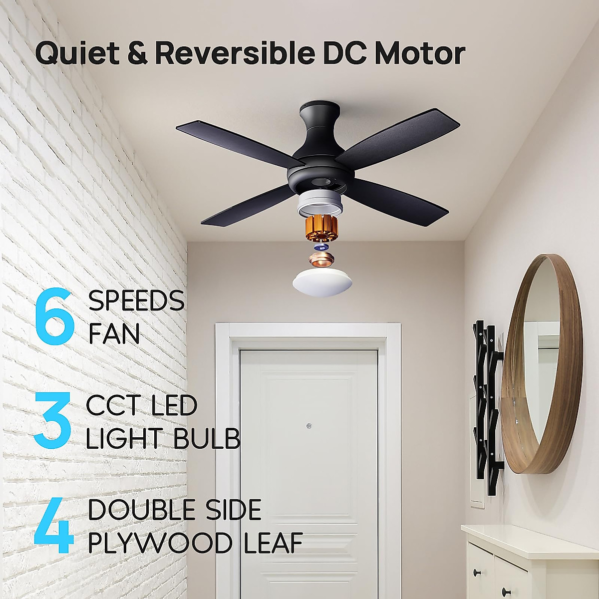 Consciot 52 Inch Ceiling Fan With Lights, Modern Black Ceiling Fan, Remote Control, Quiet Reversible DC Motor, Flush Mount, Dimmable 3CCT LED Light, Double Finish Blade, For Indoor Bedroom Living Room